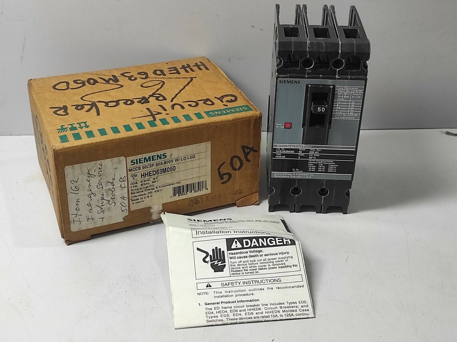 Siemens HHED63M050 MCCB 50C3P 50A 600V Sentron Series Circuit Breaker – S N Marine