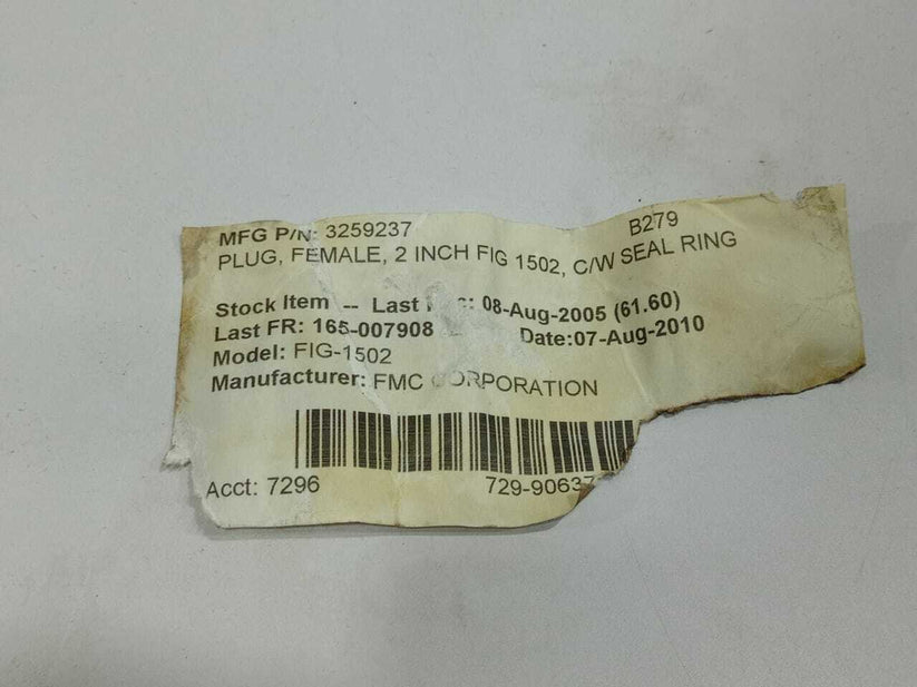 FMC 3259237 Female Plug 2 Inch Fig 1502 C/W Seal Ring FMC 2 1502 15000 ...