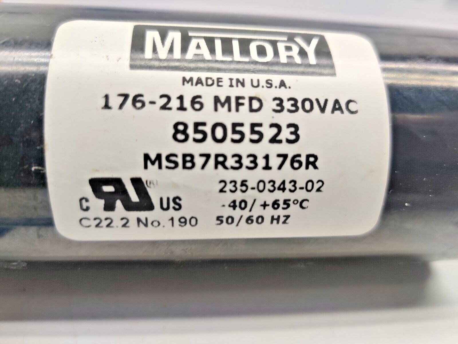 Mallory 8505523 Capacitor 176-216MFD 330Vac 50/60Hz 235-0343-02 – S N ...