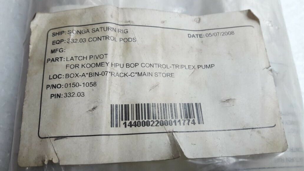 Latch Pivot 0150-1058 For Koomey HPU BOP Control Triplex Pump – S N Marine