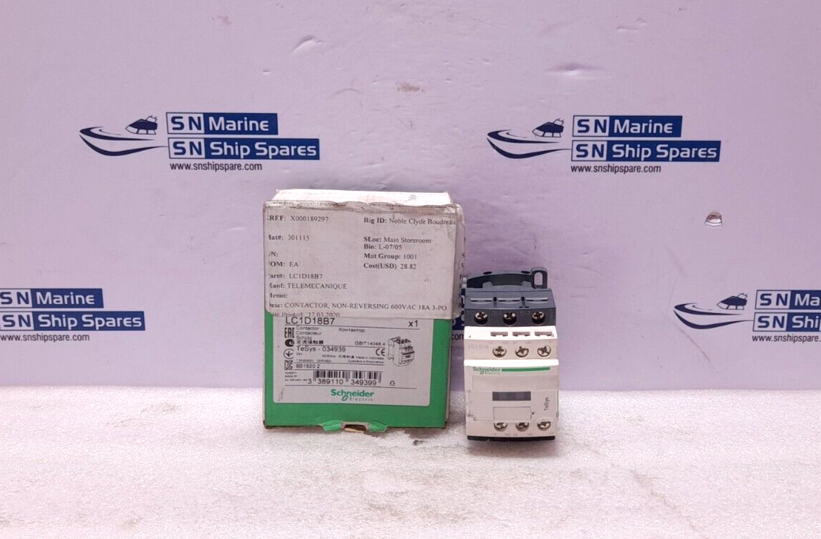 Schneider LC1D18B7 Contactor, Non Reversing 600 VAC 18A 3-PO 24V 50/60 ...